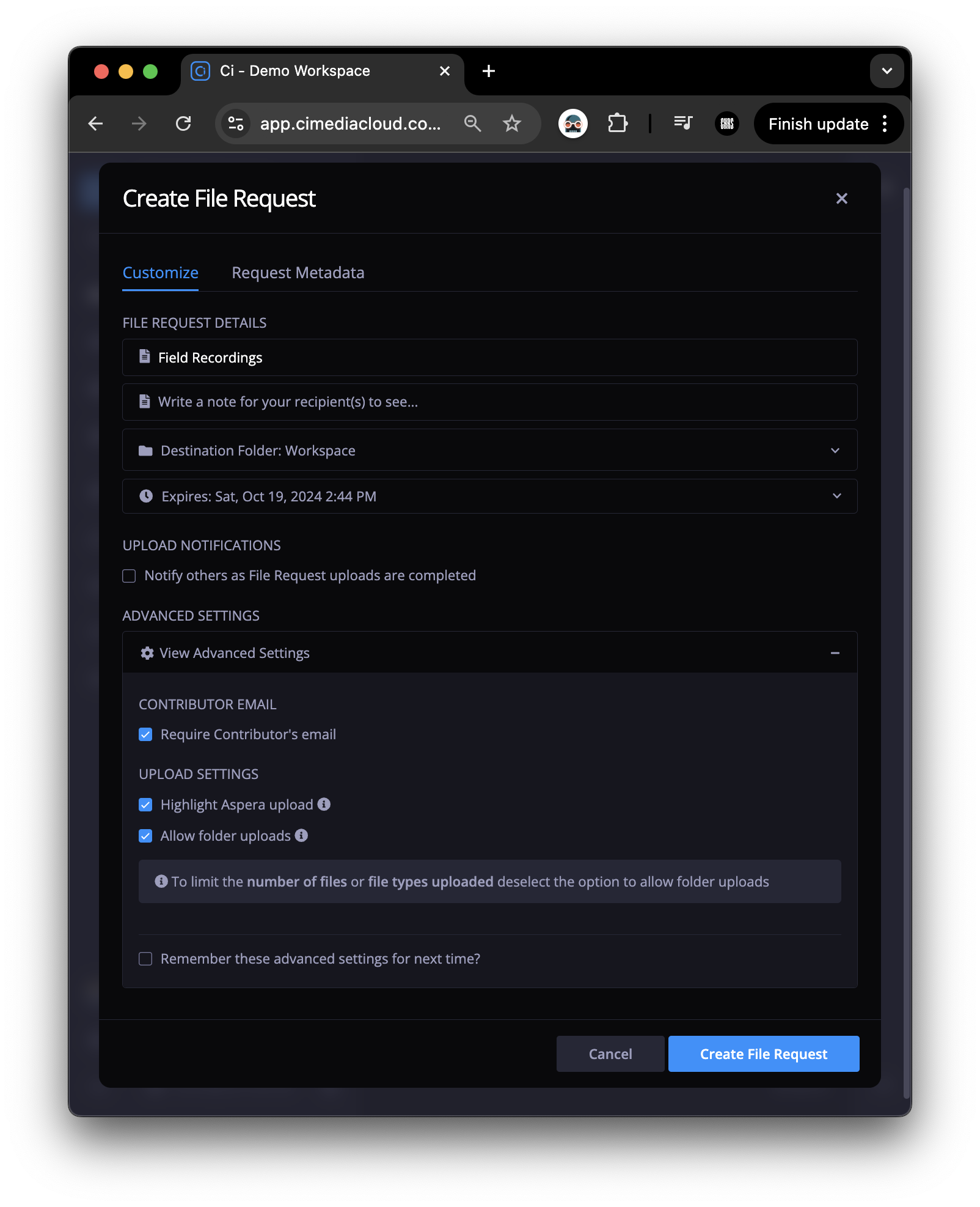 Create File Requests – SONY | Ci Customer Success